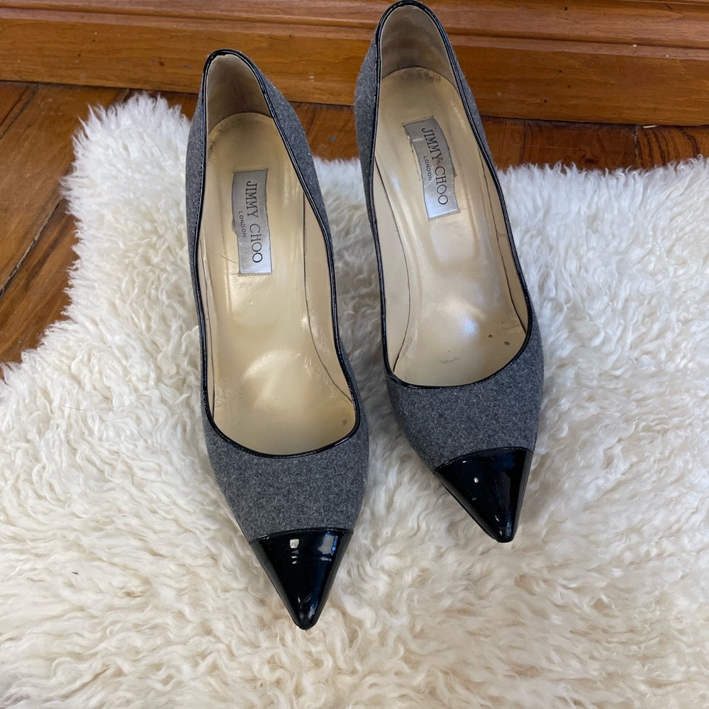 Jimmy Choo Gray Wool Patent Leather Cap Toe Heels, Si… - Gem